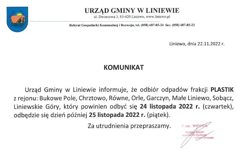 Gmina Liniewo » Zmiana terminu odbioru frakcji PLASTIK